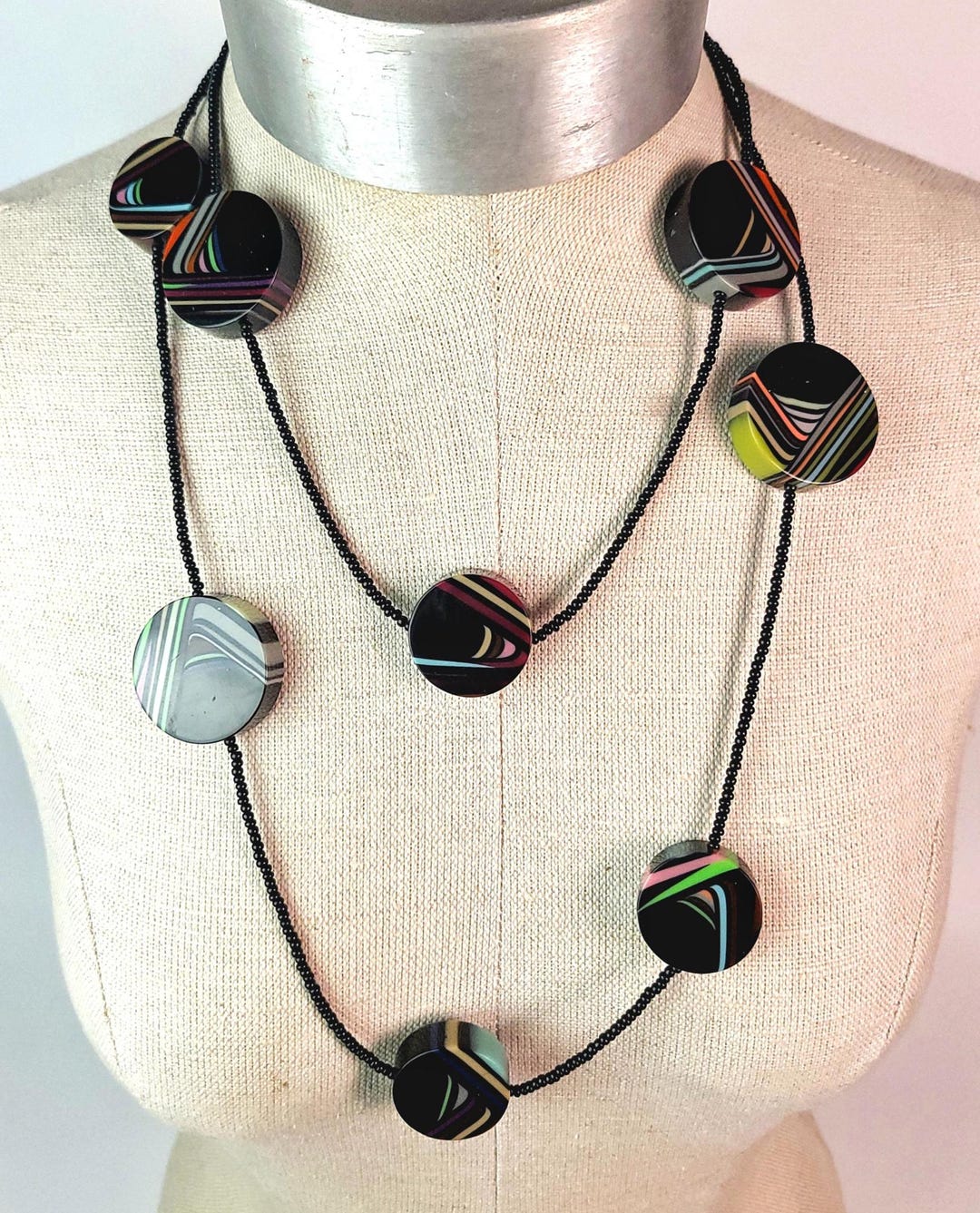 Sobral Retroz Black Aida Art Deco Stripe Beads 47" Long Artist Made ...