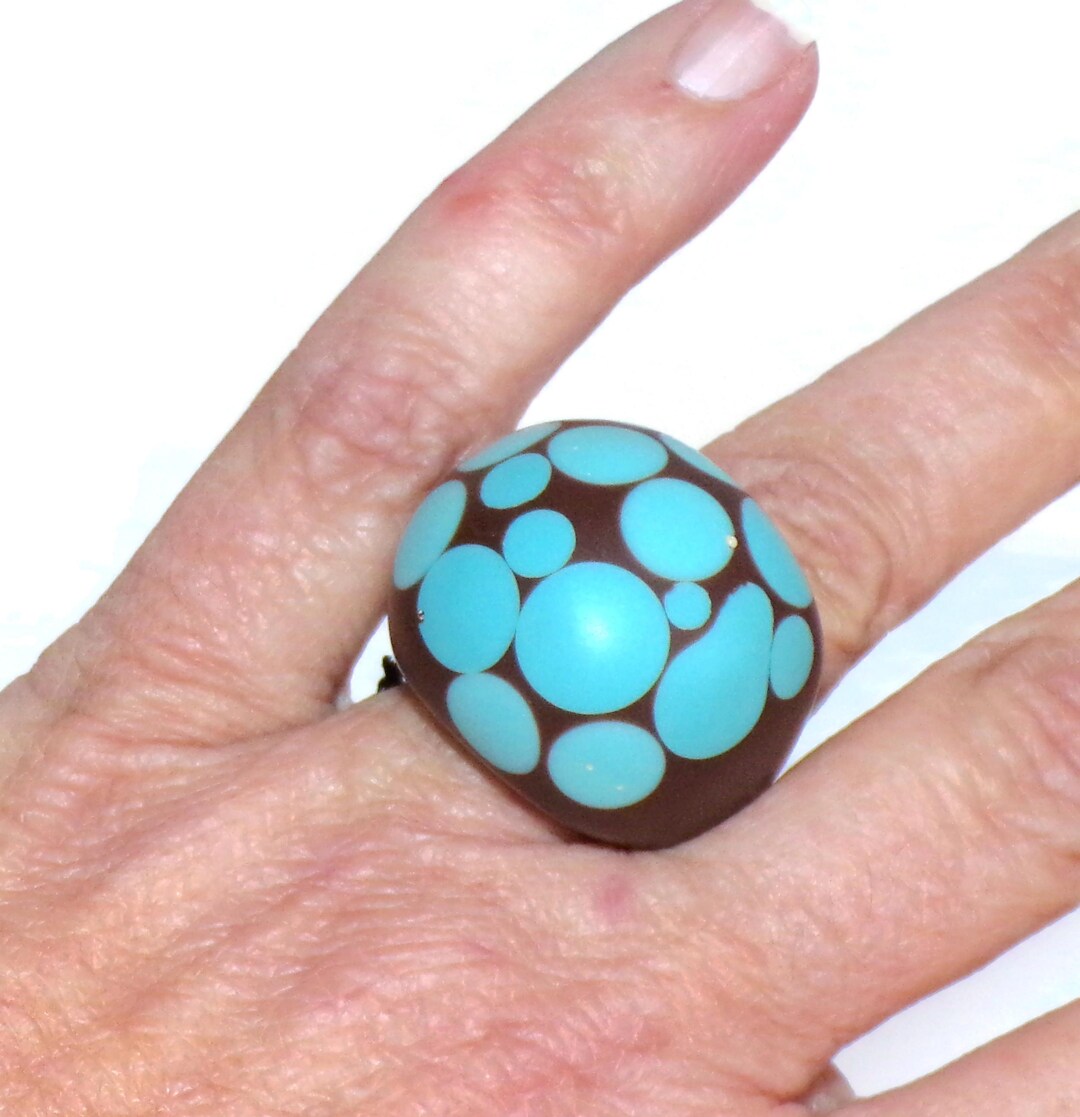 Sobral Bolas Bolinhas Brown & Blue Polka Dots Artist Made Ring Size 7.5 ...