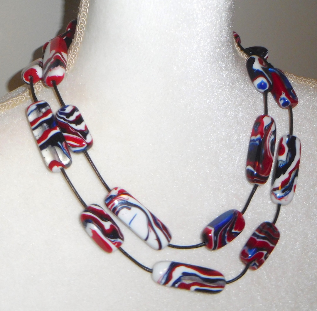 Sobral Marianne 45" Long Red White Blue Marbled Bead Artist Made ...