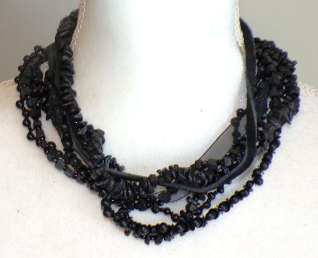 Sobral Retired Black Beads, Leather & Organza 6 Strand Artist Made ...