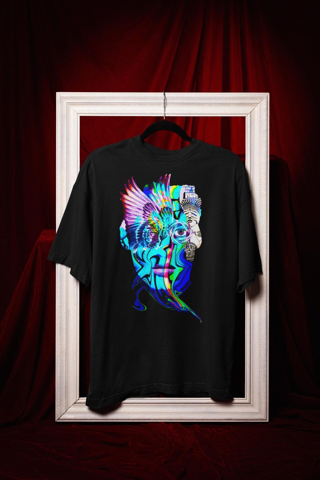 Wings of Perception Oversized T-shirt – Trippy Glitch Art Face, Hidden ...