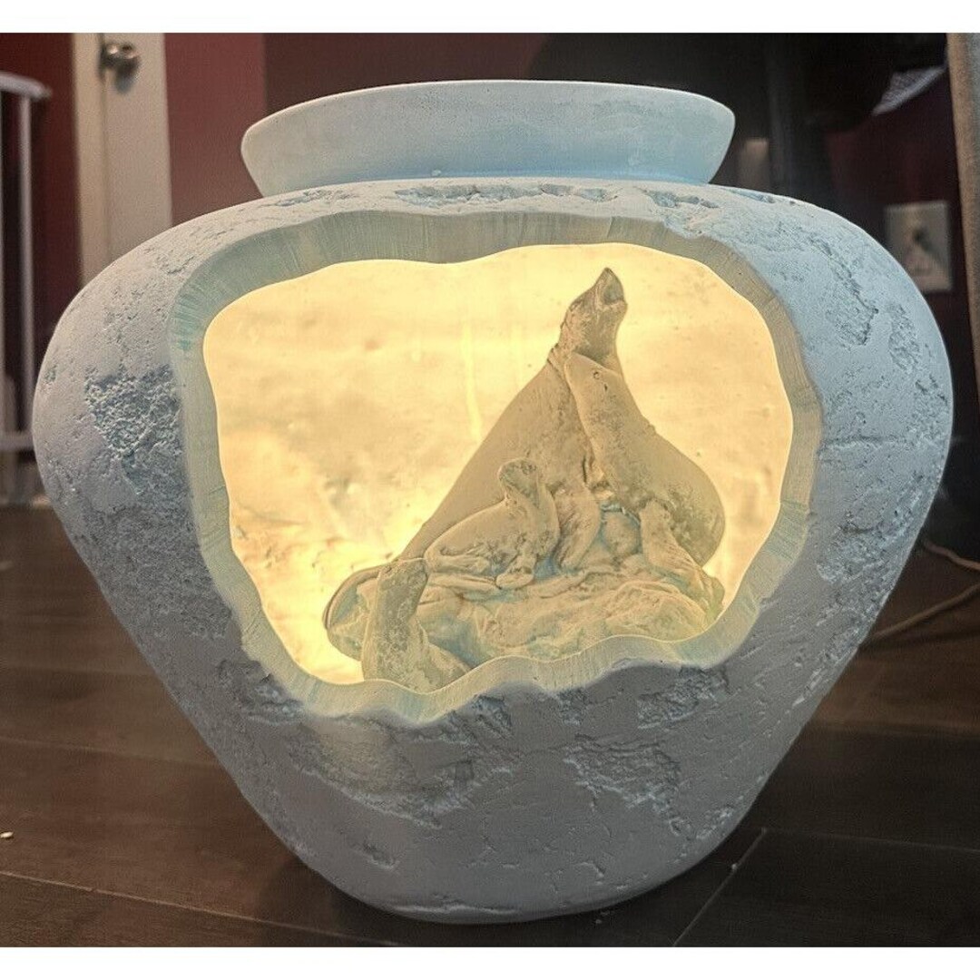 Large Vintage Clay Vase Luminary Lamp, Blue Seals, Statement Piece ...