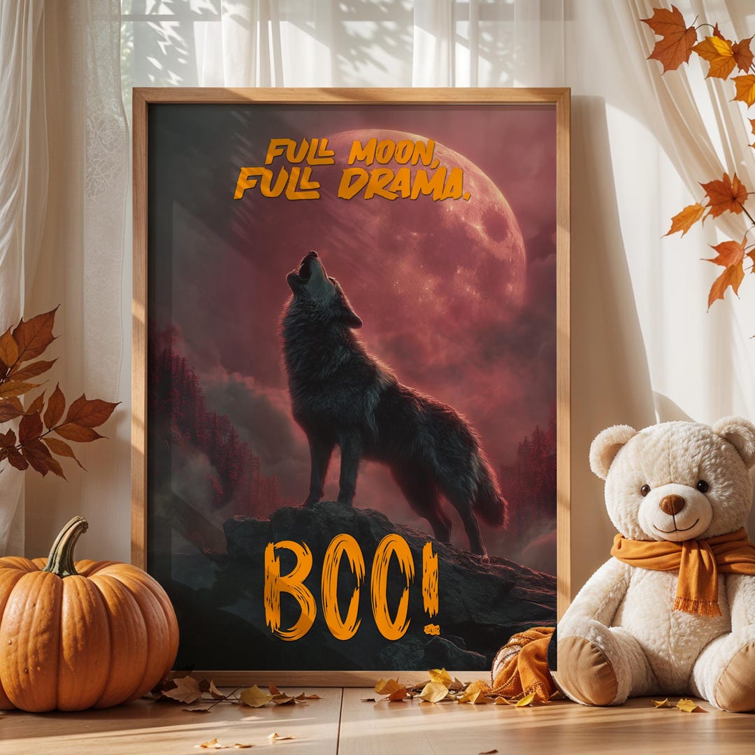 Howling Wolf Halloween Poster – Dramatic Full Moon BOO Wall Art for ...