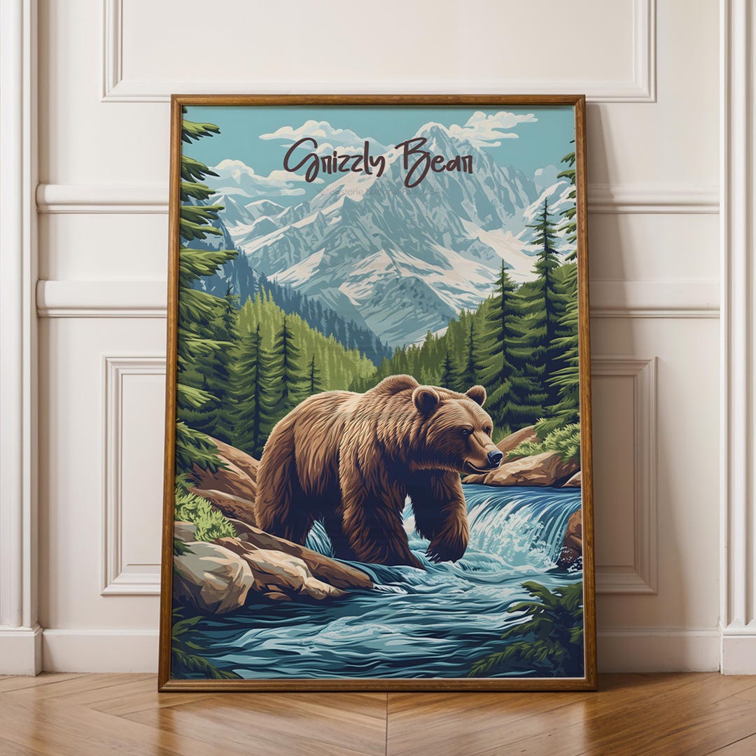 Grizzly Bear Art Print: Rustic Cabin Wall Decor, Wildlife Illustration ...