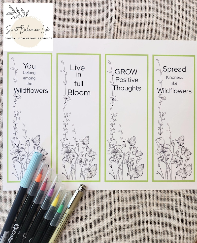 Wildflower Bookmarks: Printable Coloring Page, Book Lover Gift (PNG ...