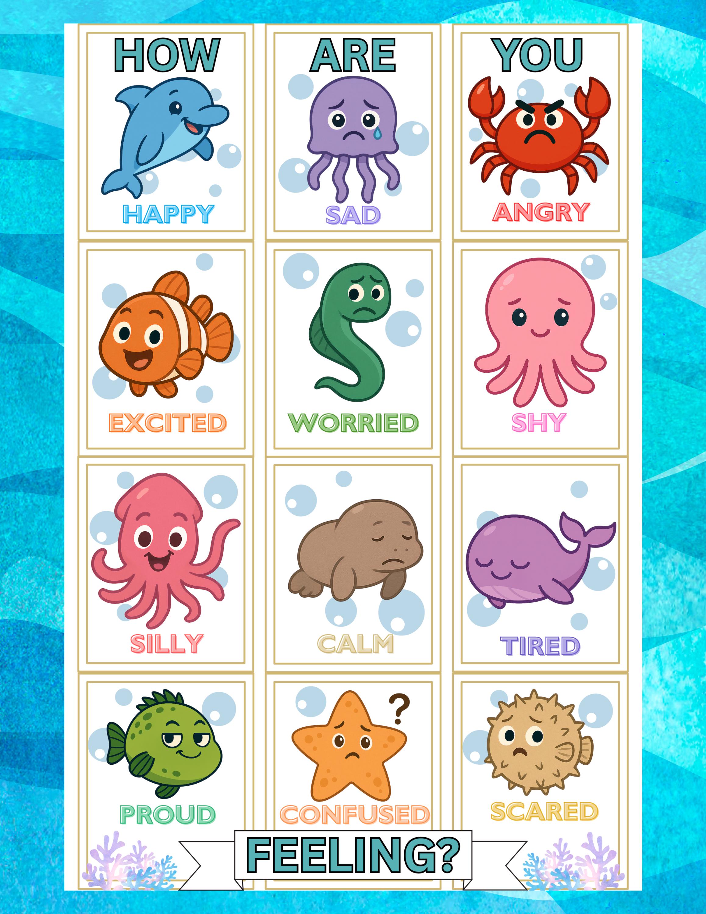 Emotional Learning Poster for Kids – 12 Sea Animal Illustrations to ...