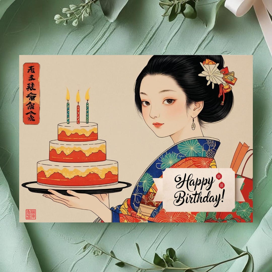 Happy Birthday Card, a Girl in Blue Kimono, Japanese Style, Instant ...