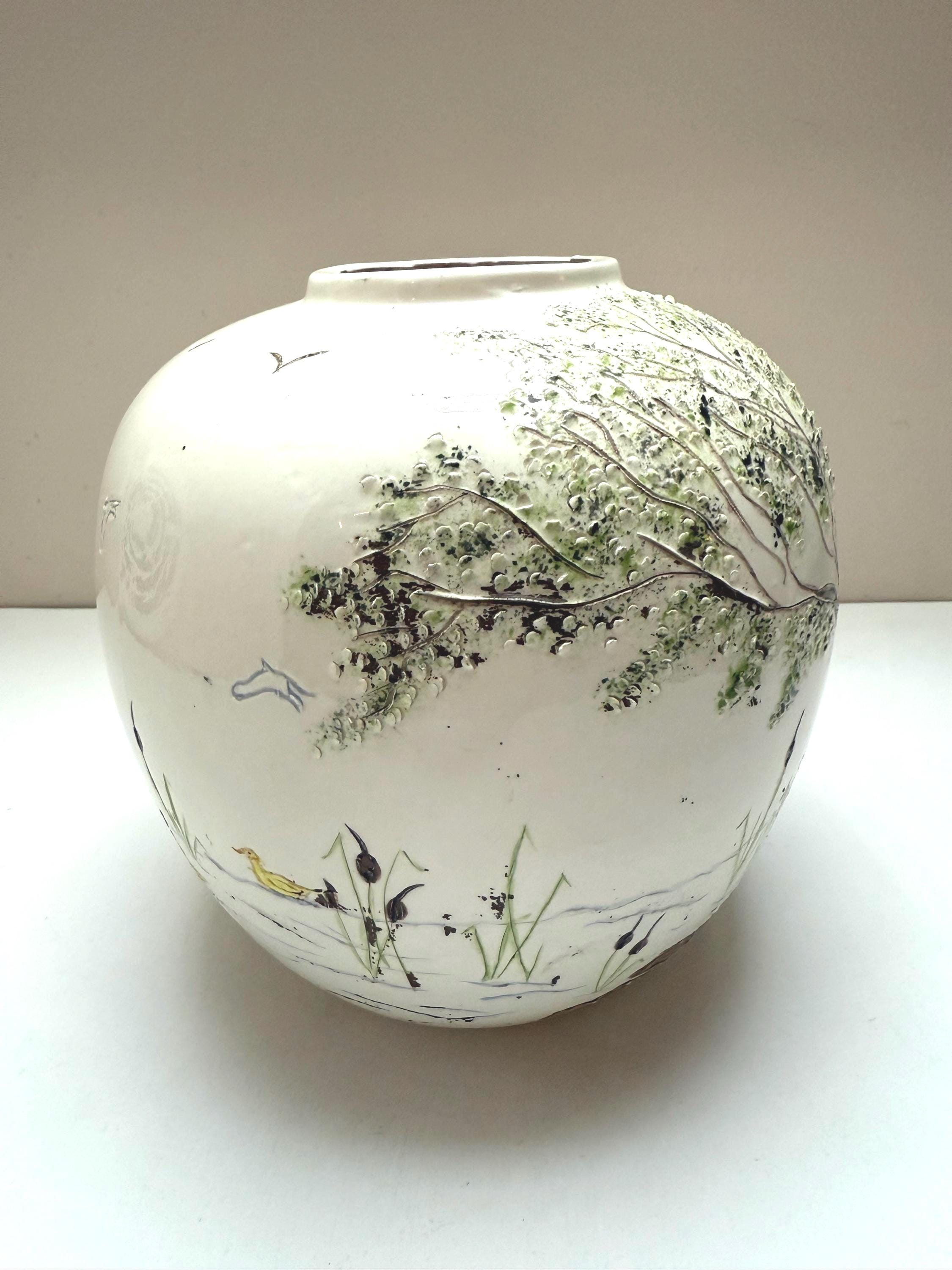 Studio Pottery Vase With Sculpted Cottage and Pond Landscape - Etsy