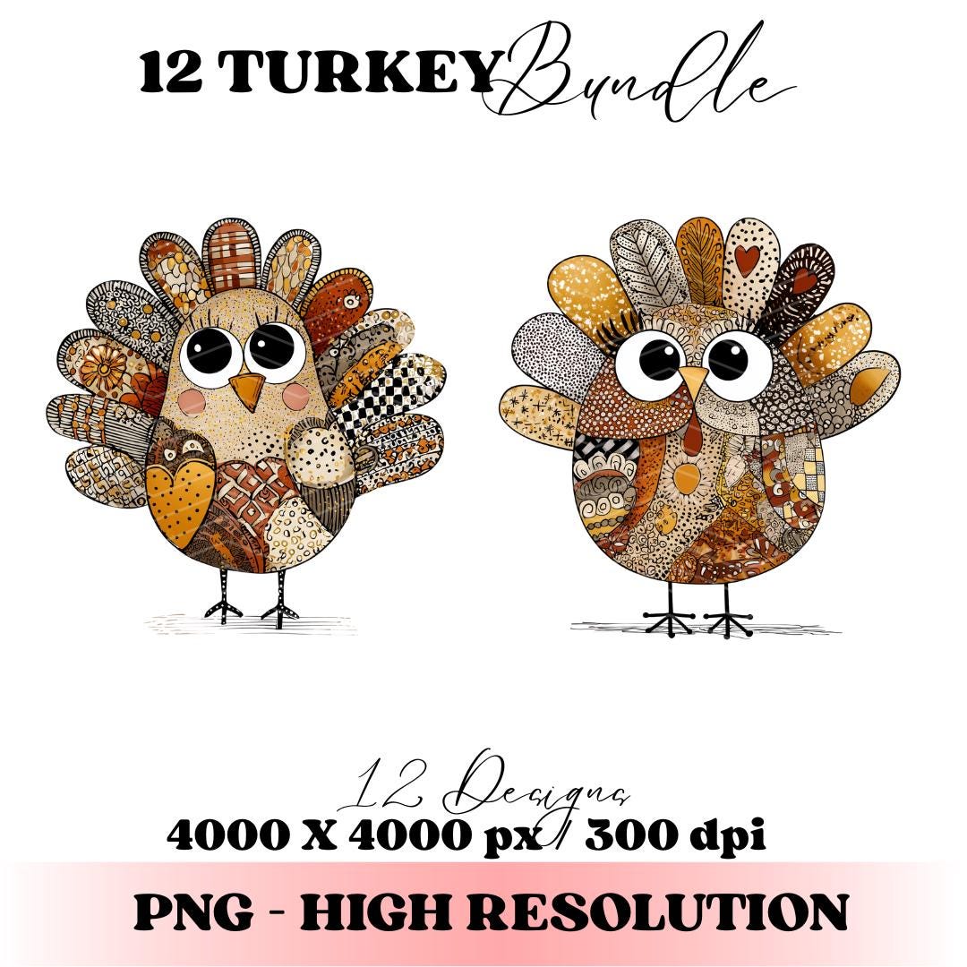 12 Patchwork Turkey Bundle PNG | Cute Thanksgiving Turkey Clipart Set ...