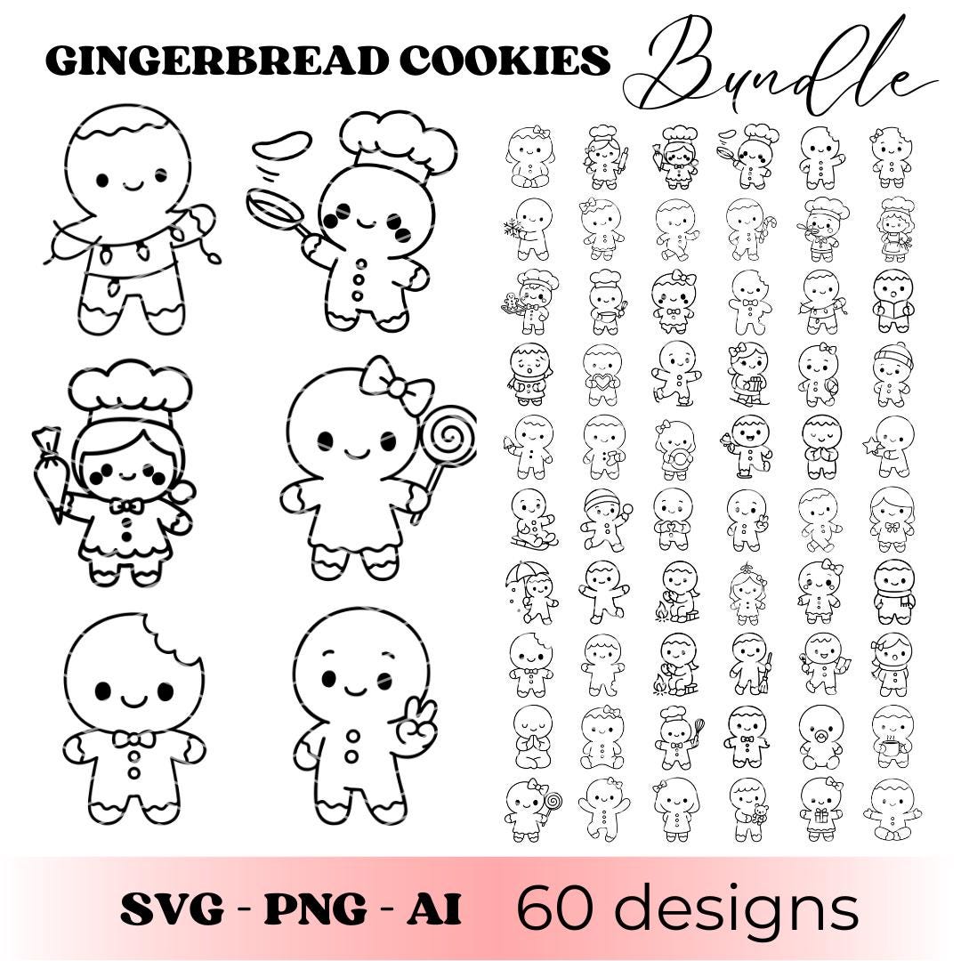 Gingerbread Cookie SVG, Kawaii Gingerbread Cookie SVG Bundle, 60 Cute ...