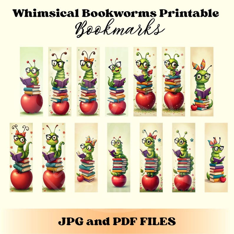 14 Whimsical Bookworms Printable Bookmarks – 14 JPG Sheets, Quirky ...