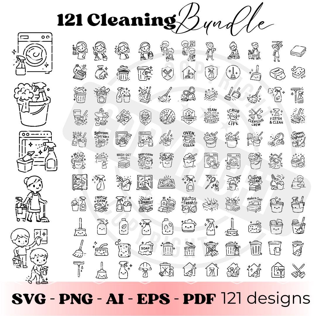 Cleaning SVG Bundle Kawaii | Cleaning Icons SVG, Cleaning Tools ...