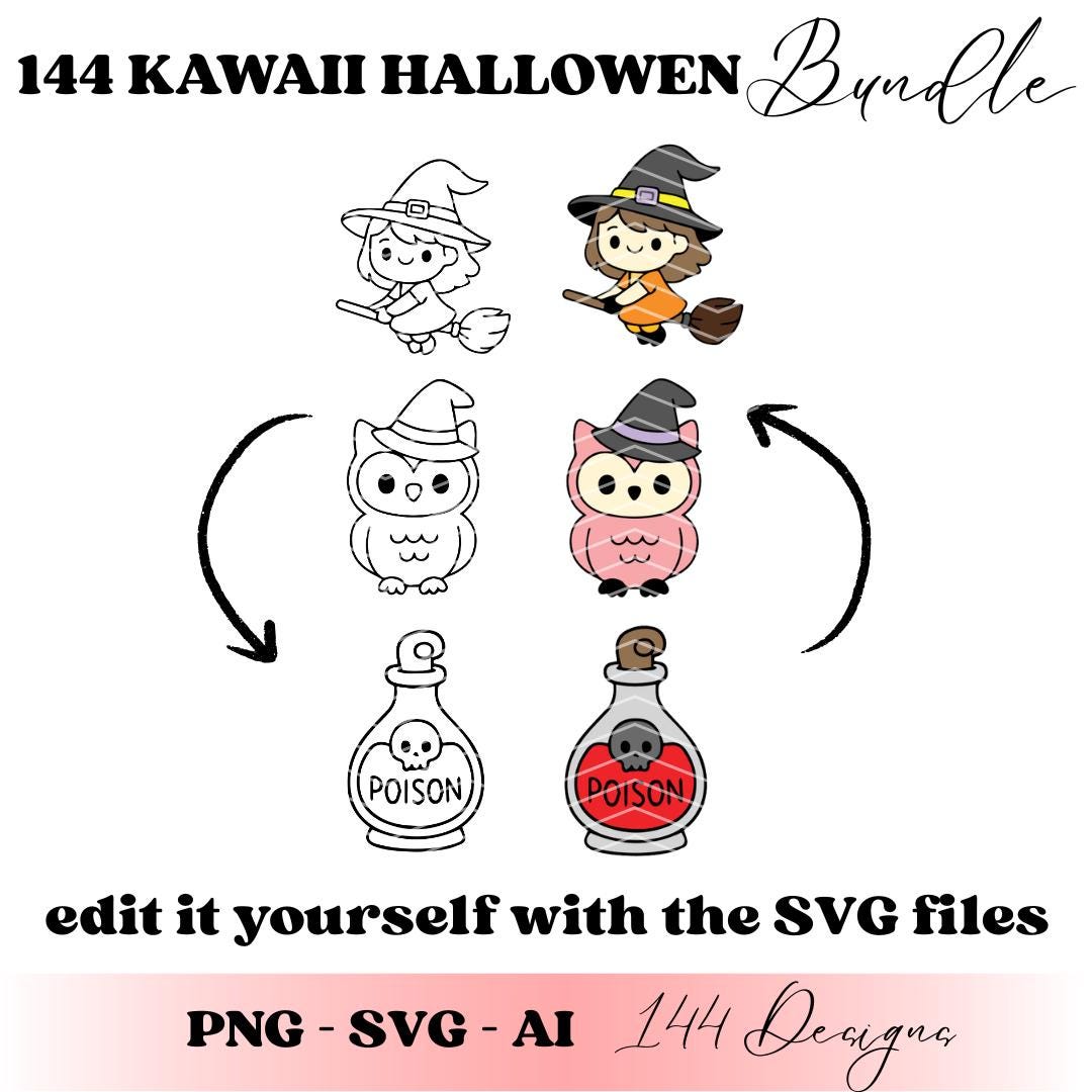 144 Kawaii Halloween Clipart Bundle SVG PNG – Cute Ghosts Witches ...