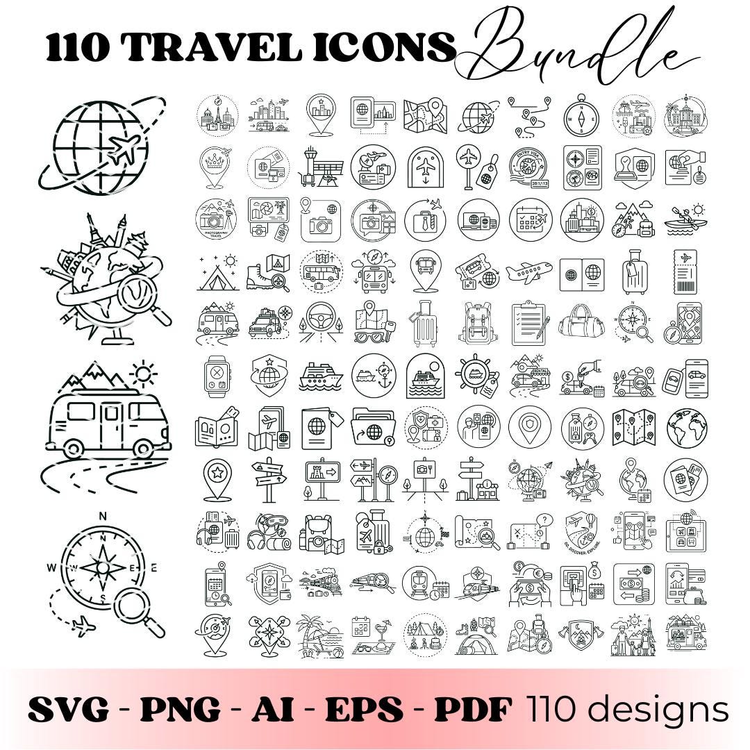 Paquete de iconos de viaje SVG / 110 iconos de viaje SVG / Iconos de ...