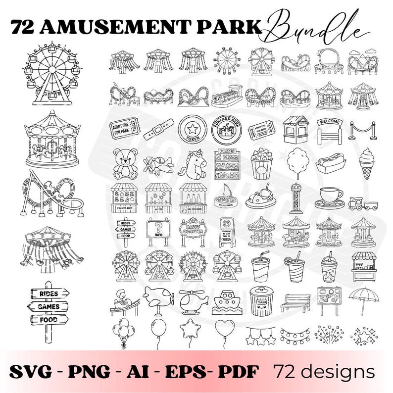 Amusement Park SVG Bundle | Carnival Rides Line Art Clipart | Theme ...
