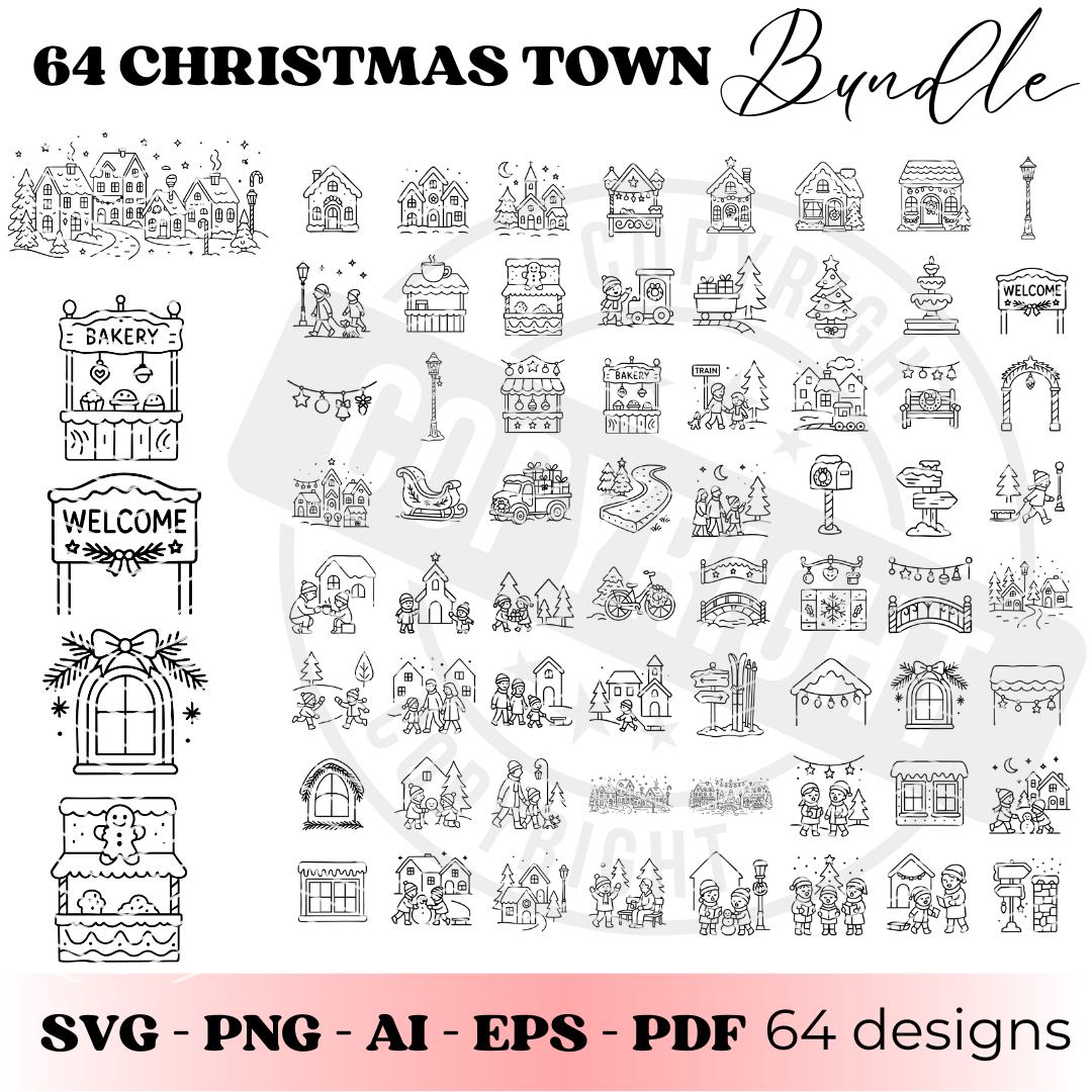 Christmas Town Line Art SVG Bundle | Winter Village Scenes, Kids and ...