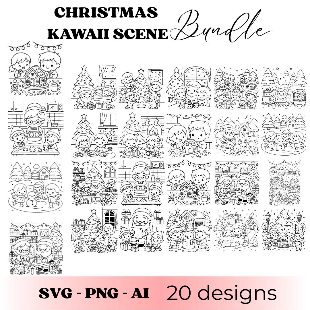Christmas Kawaii Scene Bundle SVG PNG AI – 20 Cute Christmas Line Art ...