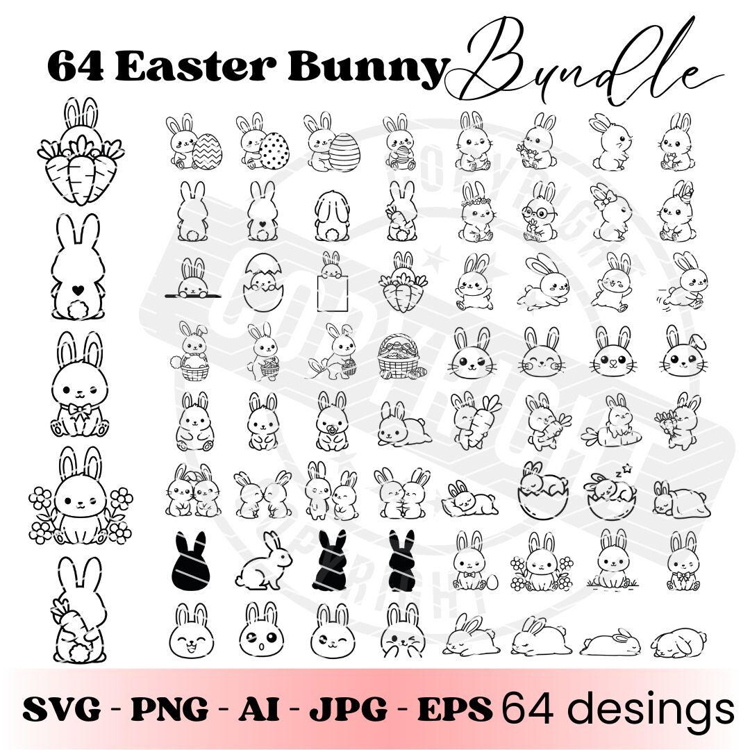 Easter Bunny SVG Bundle – 64 Bunny Lineart SVG PNG for Cricut, Kawaii ...