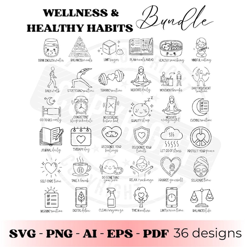 Wellness SVG Bundle, Healthy Habits Icons, Self Care SVG, Mental Health ...
