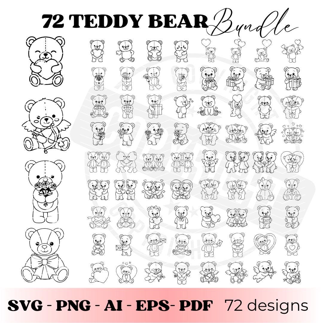 Valentine Teddy Bear SVG Bundle, Love Bear Outline Designs, 72 SVG Cut ...