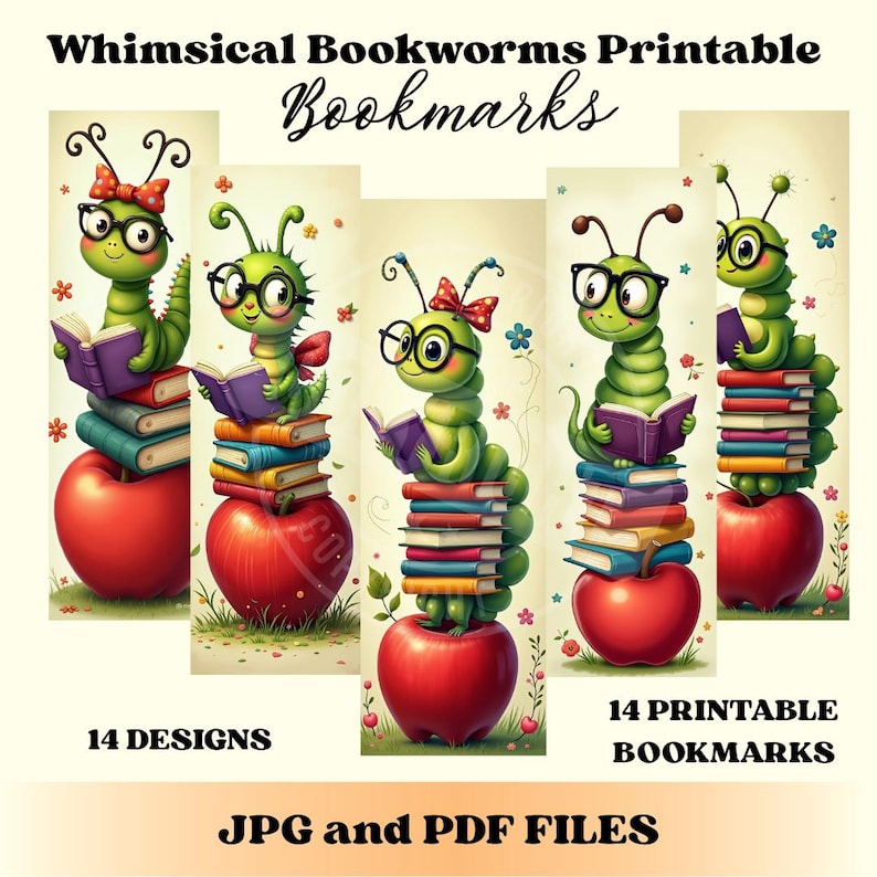 14 Whimsical Bookworms Printable Bookmarks – 14 JPG Sheets, Quirky ...