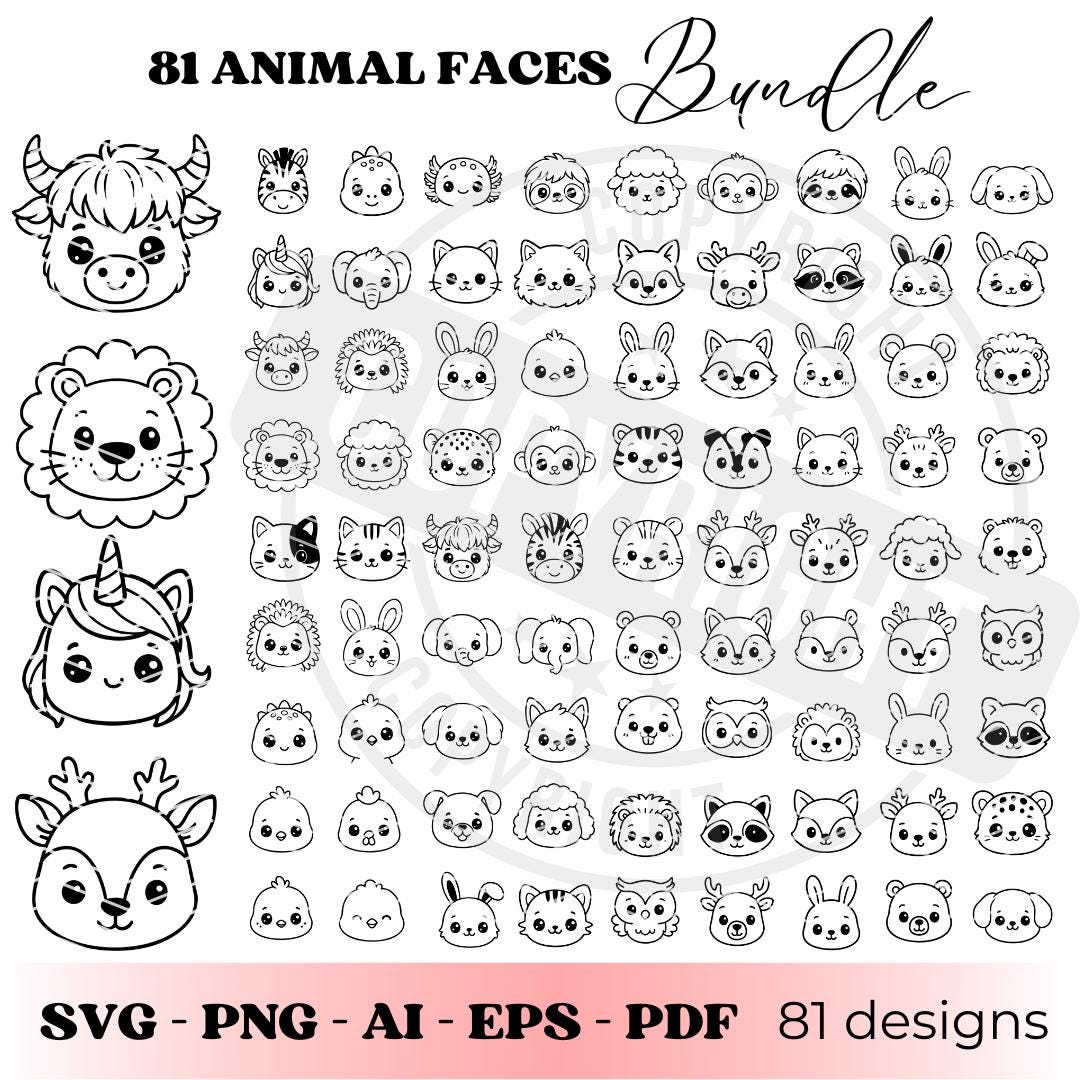 Forest Animal Faces SVG Bundle | Cute Animal Faces Clipart | Kawaii ...