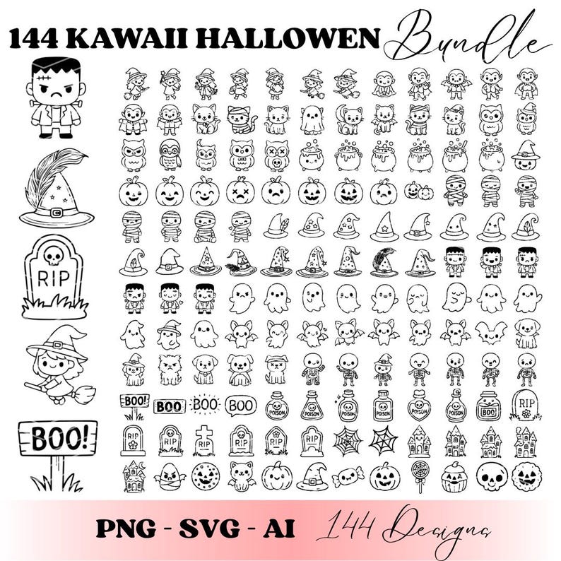 144 Kawaii Halloween Clipart Bundle SVG PNG – Cute Ghosts Witches ...
