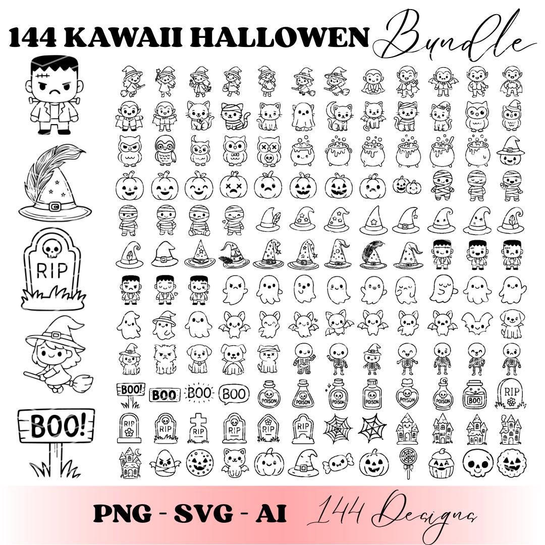 144 Kawaii Halloween Clipart Bundle SVG PNG – Cute Ghosts Witches ...