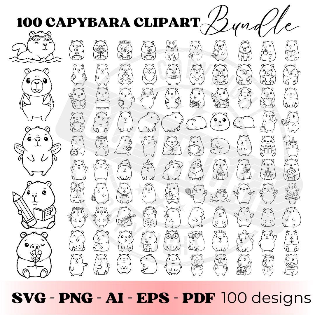 Capybara SVG Bundle 100 Designs | Cute Kawaii Capybara Clipart for ...