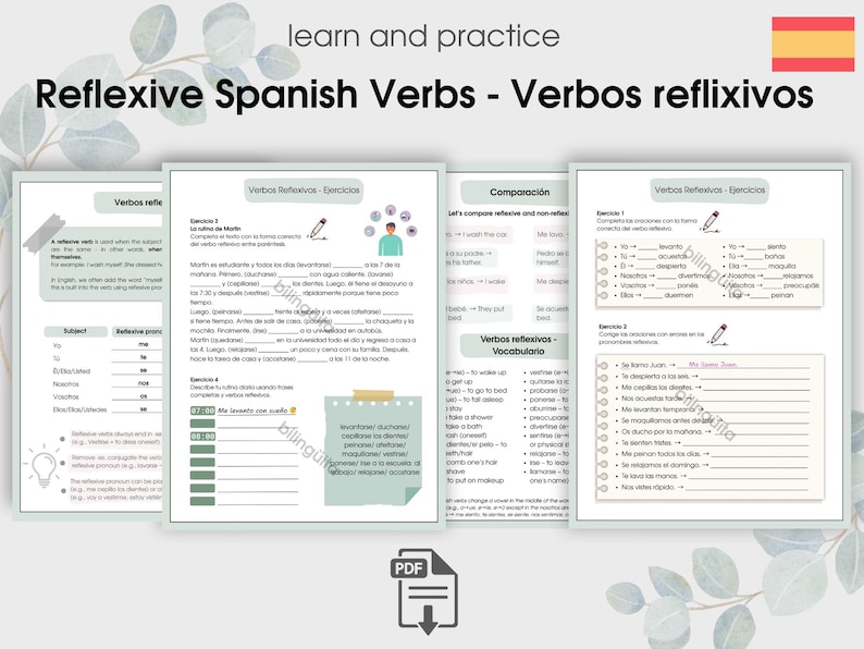 Spanish Reflexive Verbs: Beginner Grammar Practice (PDF Downloadable ...
