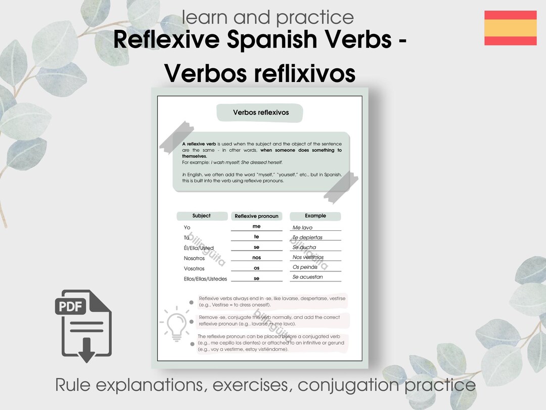 Reflexive Spanish Verbs - Grammar Guide With Practice - Etsy