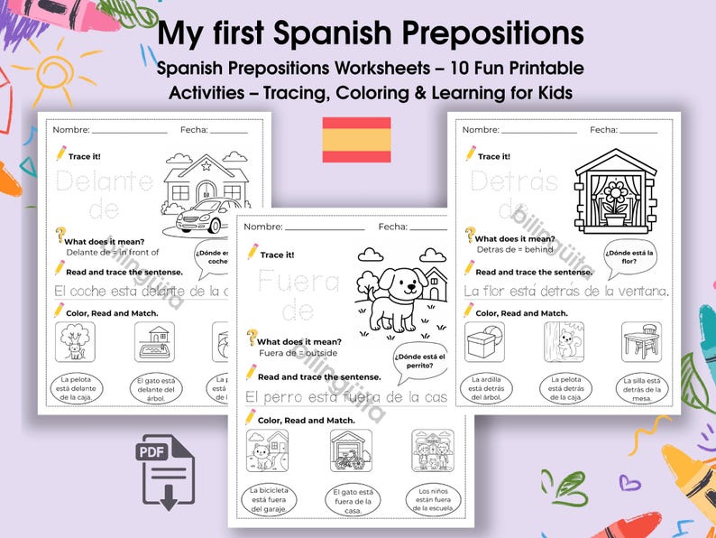 Spanish Prepositions Learning Pack: Kids' Coloring, Tracing Activities ...