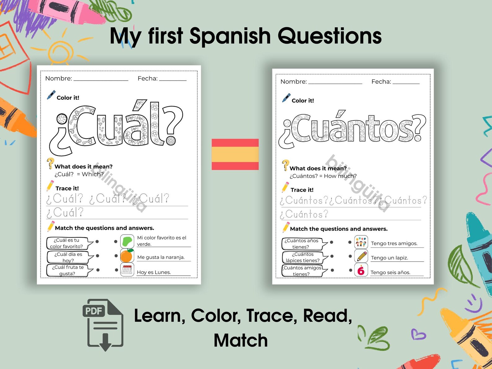 Spanish Question Words Printable: Color, Trace & Match Worksheets (PDF ...