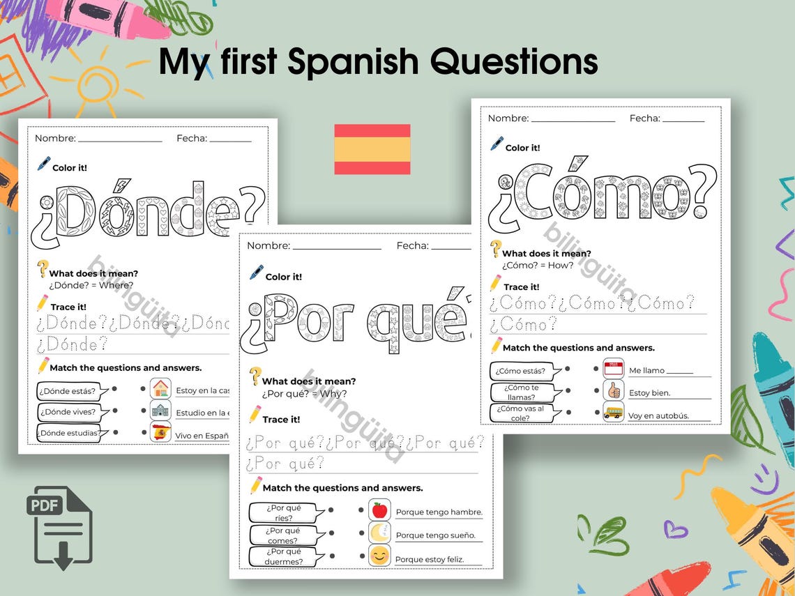 Spanish Question Words Printable: Color, Trace & Match Worksheets (PDF ...