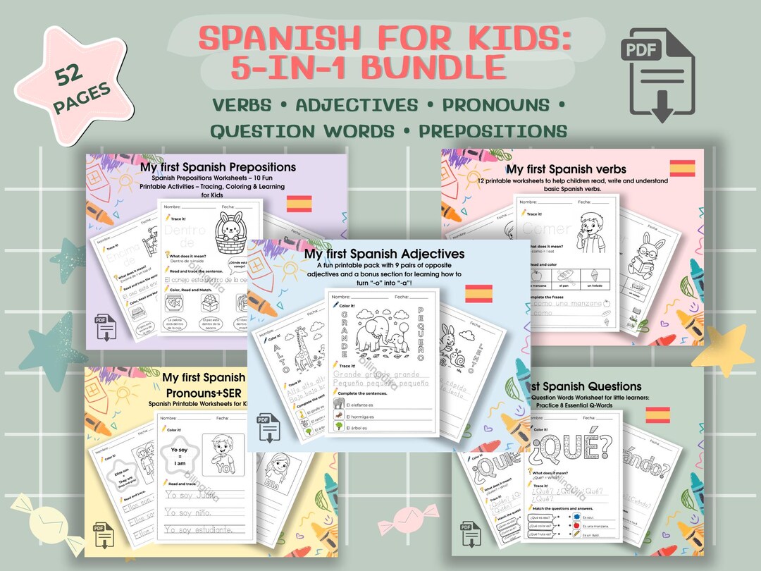 Spanish Learning Bundle for Kids | 5 Printable Worksheets Sets | Verbs ...