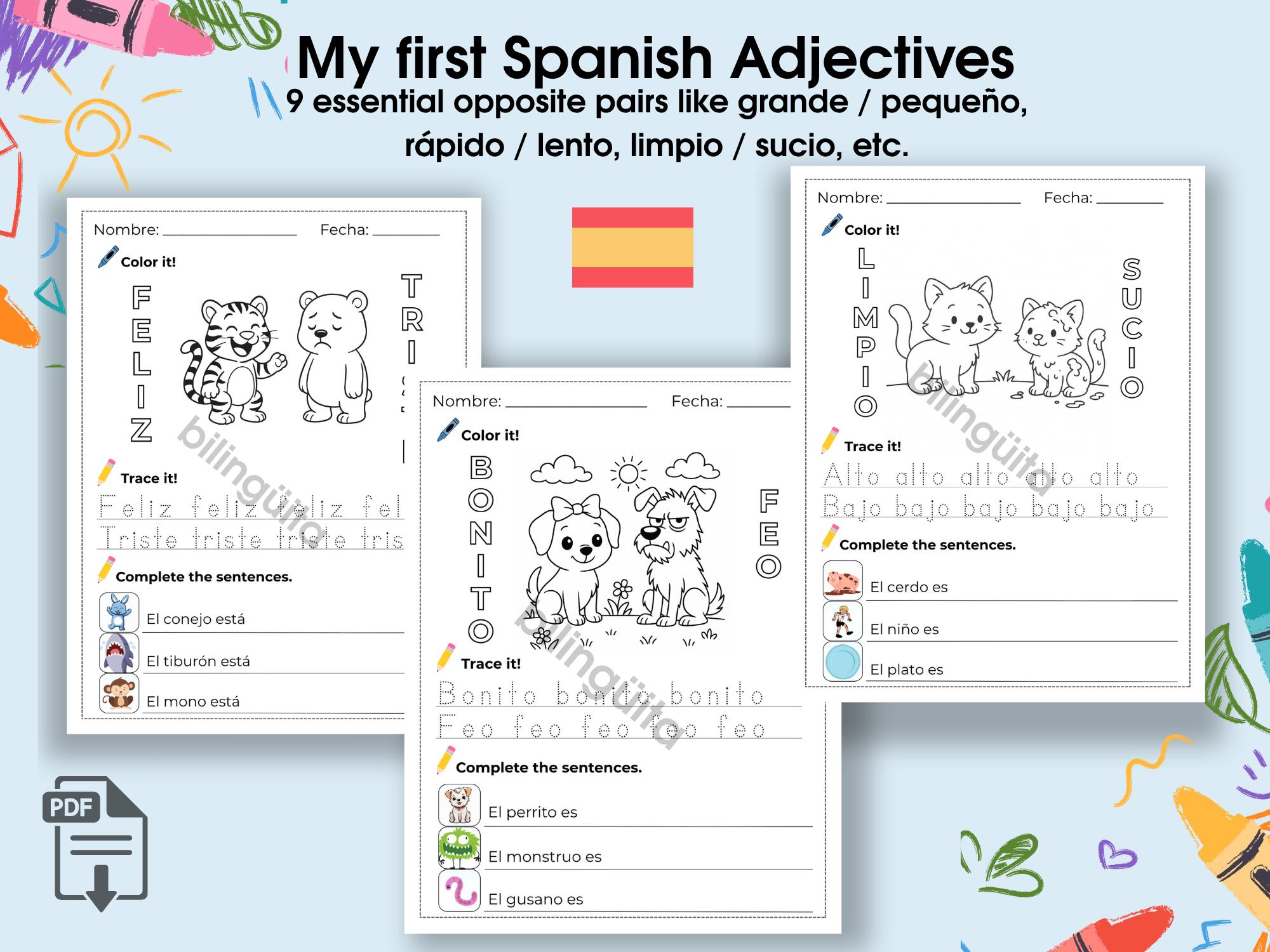 Spanish Adjectives Coloring Pages: Learn Opposites + Feminine Endings ...