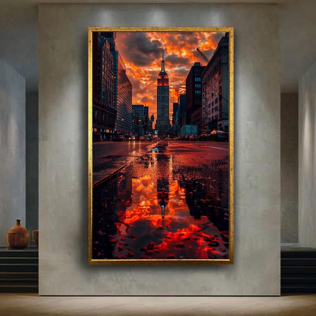 Empire State Building Canvas Wall Art With Fiery Sunset Reflection ...