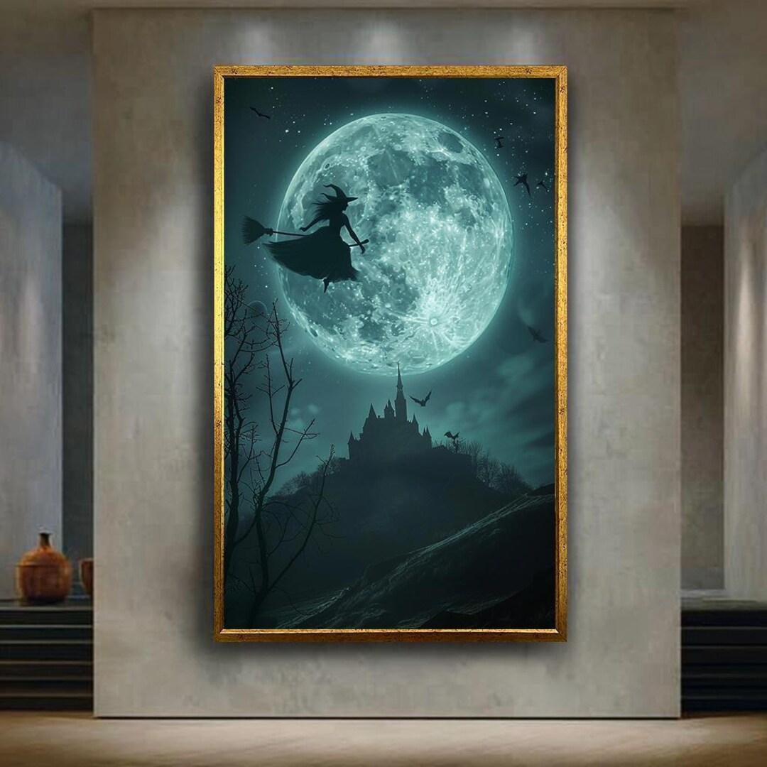 Witch Flying Across Full Moon Canvas Wall Art With Haunted Castle ...