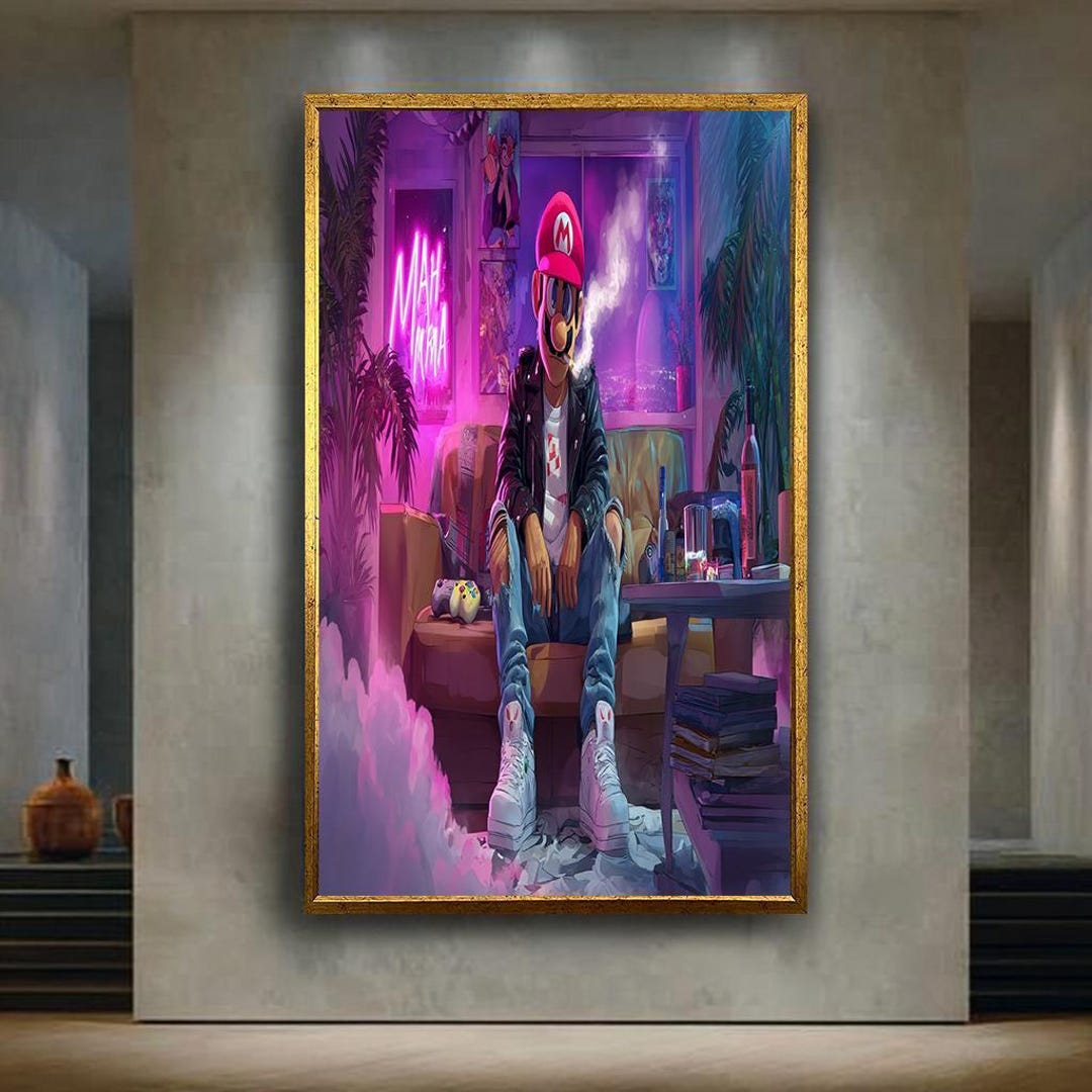 Vaporwave Gamer Canvas Wall Art – Retro Masked Character With Neon ...