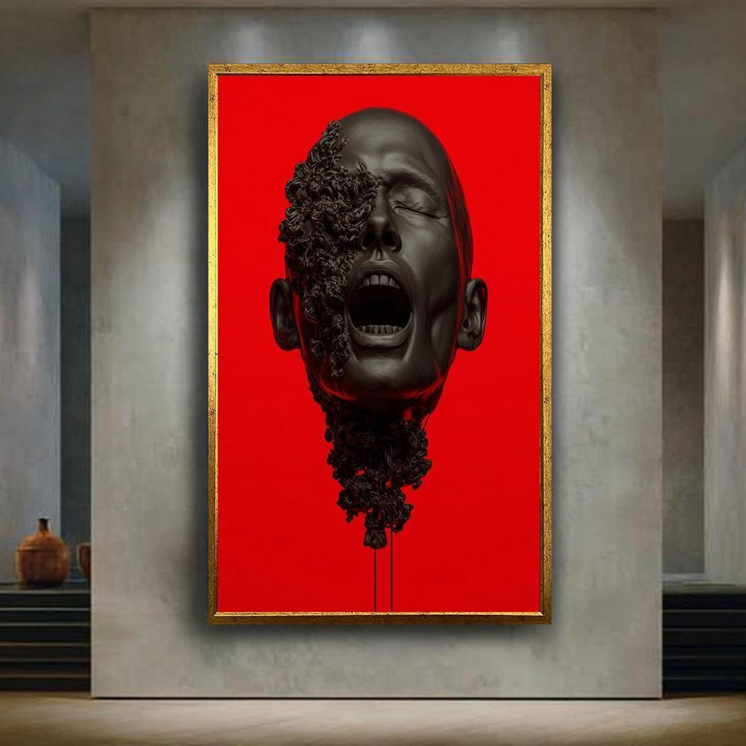 Dark Surreal Scream Wall Art, Abstract Black Sculpture Head With ...