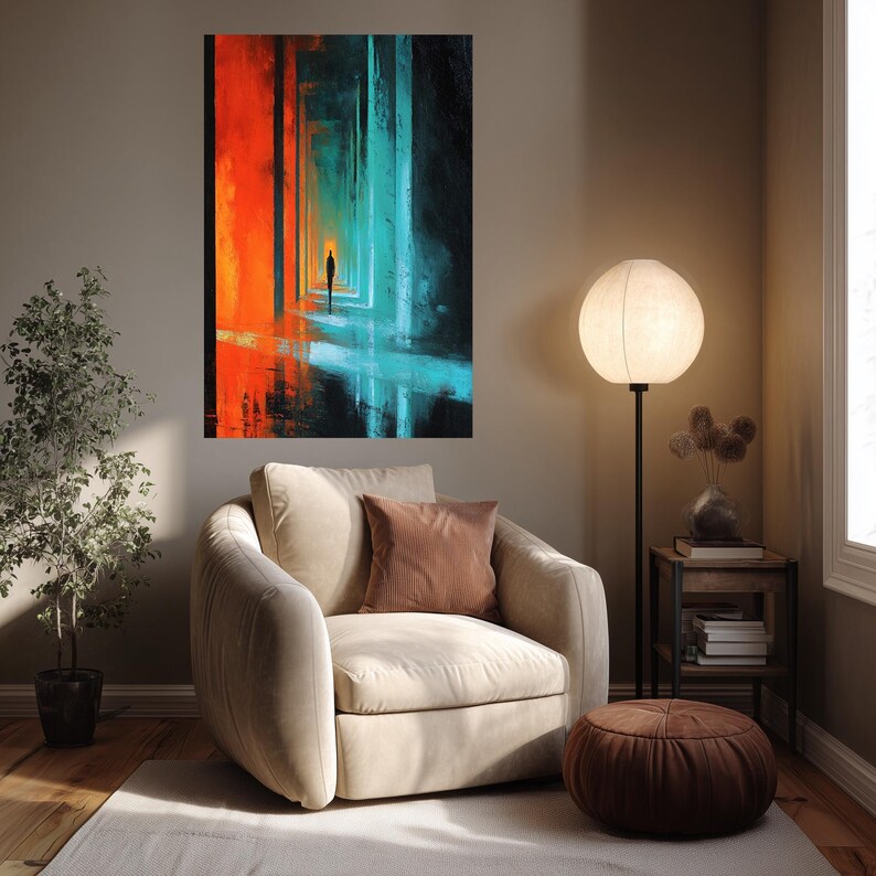 Silhouette Figure Corridor Abstract Print Fiery Orange and Cool ...
