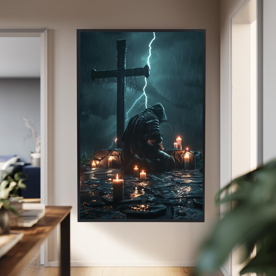 Knight Praying Before Cross in Storm Canvas Print Medieval Christian ...