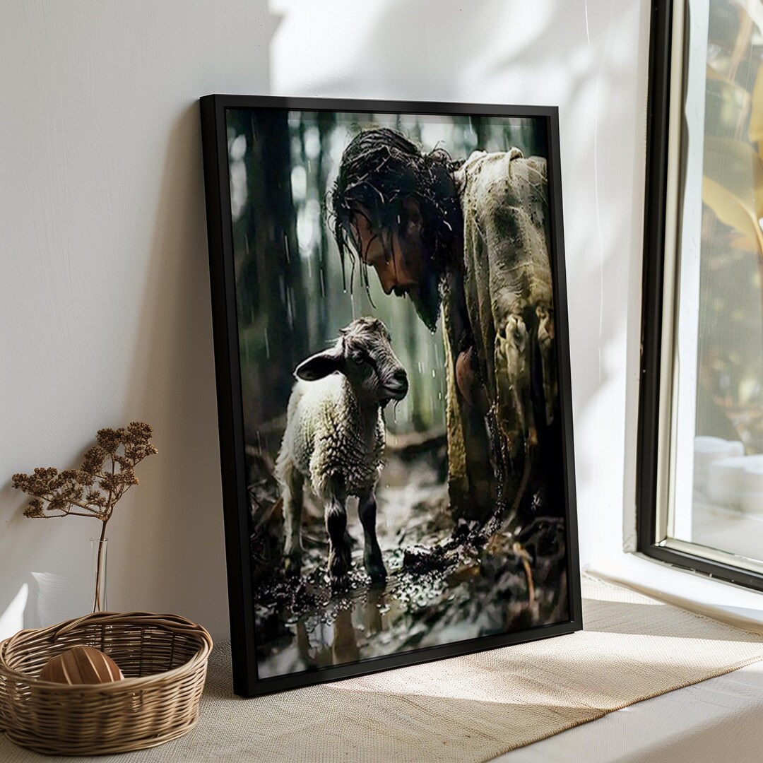 Jesus With Lamb in Rain Wall Art – Spiritual Compassion and Protection ...