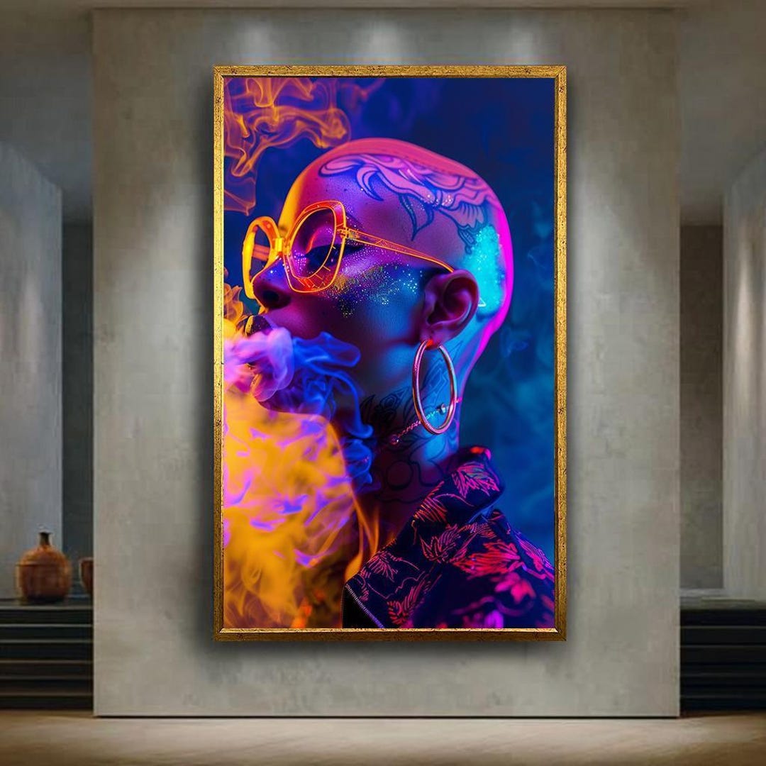 Neon Portrait Wall Art Bold Tattooed Person With Smoke and Vibrant ...