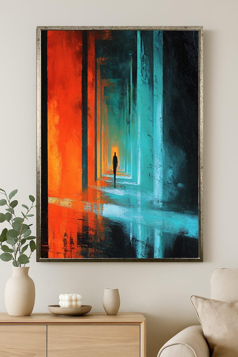 Silhouette Figure Corridor Abstract Print Fiery Orange and Cool ...