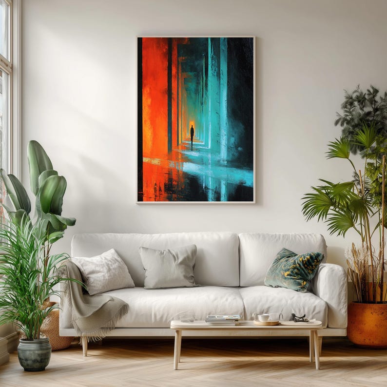 Silhouette Figure Corridor Abstract Print Fiery Orange and Cool ...