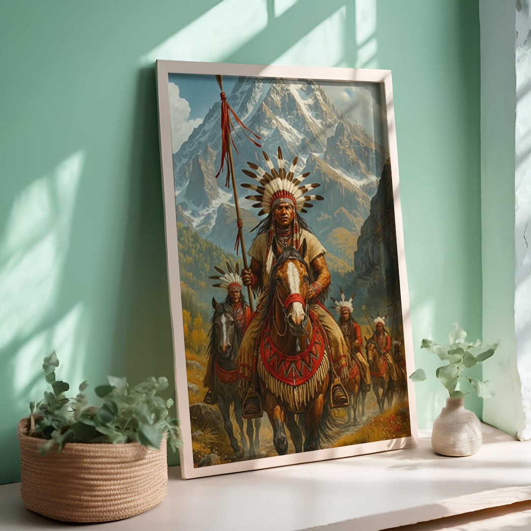 Native American Warrior Wall Art – Tribal Horse Riders in Mountain ...