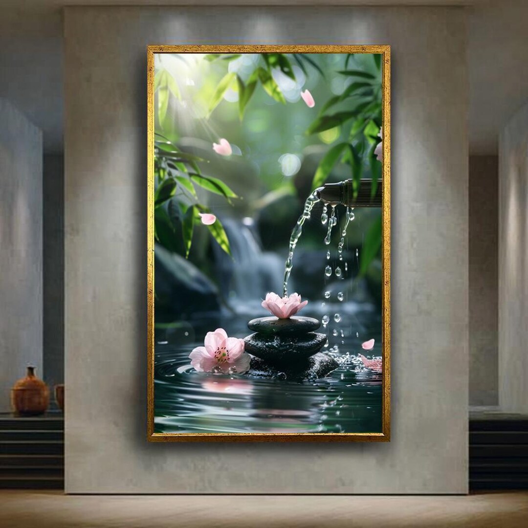 Zen Garden Wall Art With Bamboo Water Fountain Stones and Pink Lotus ...