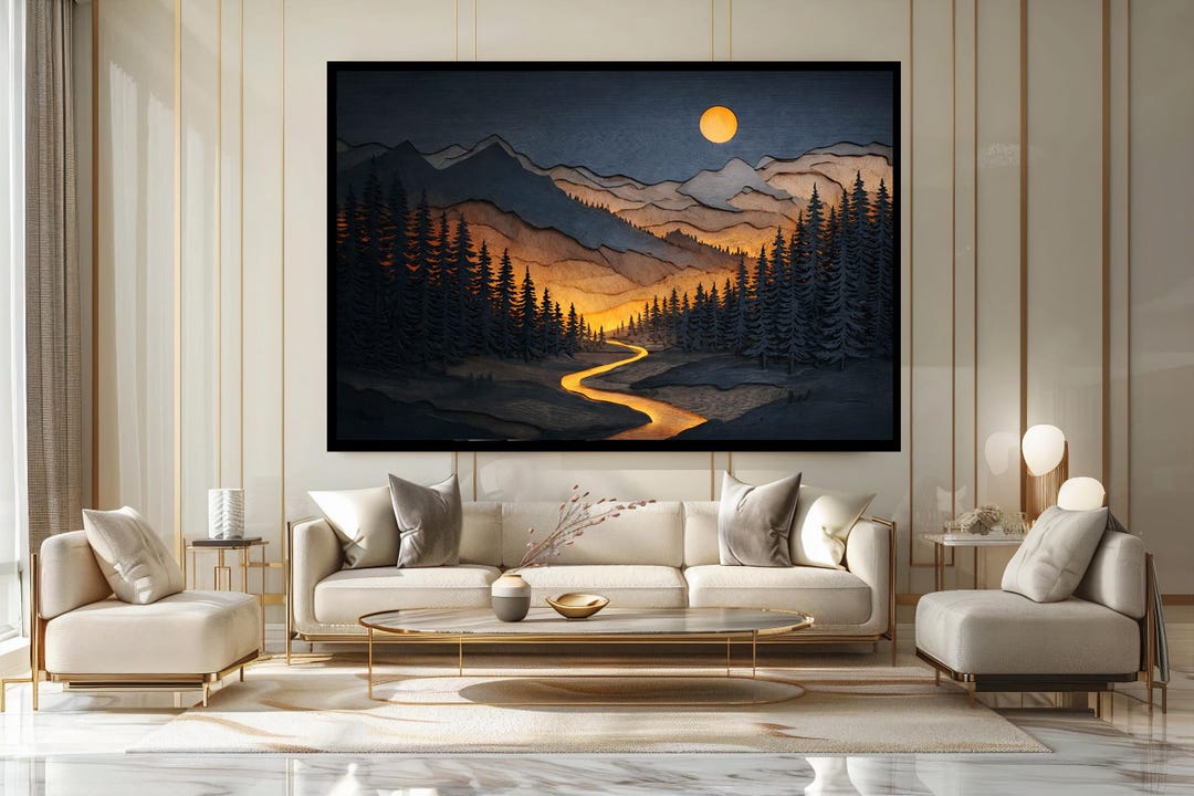 Layered Paper Cut Style Forest Canvas Art With Glowing River and ...