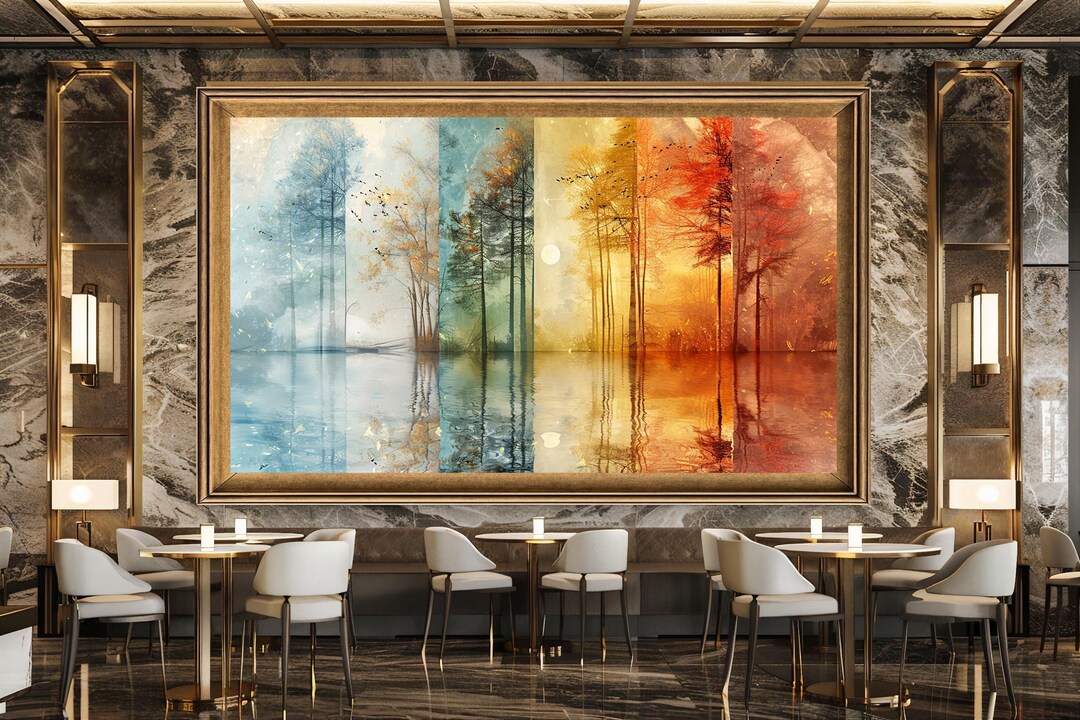 Four Seasons Reflection Wall Art Print, Abstract Tree Landscape Canvas ...